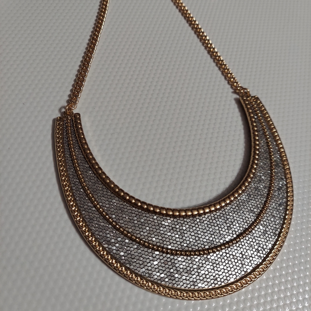 Textured Gold/Silver Half Moon Shield Statement Neckl… - Gem